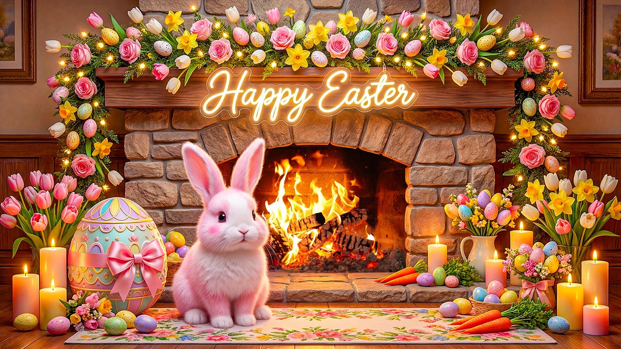 24/7 Happy Easter 🐇 Gently Easter Music 🥕 Easter Background Music, Easter Fireplace Ambience