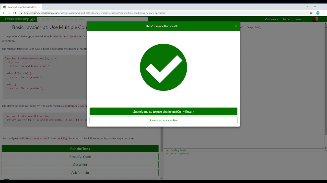 Basic JavaScript  Use Multiple Conditional Ternary Operators 109/111  Learn freeCodeCamp