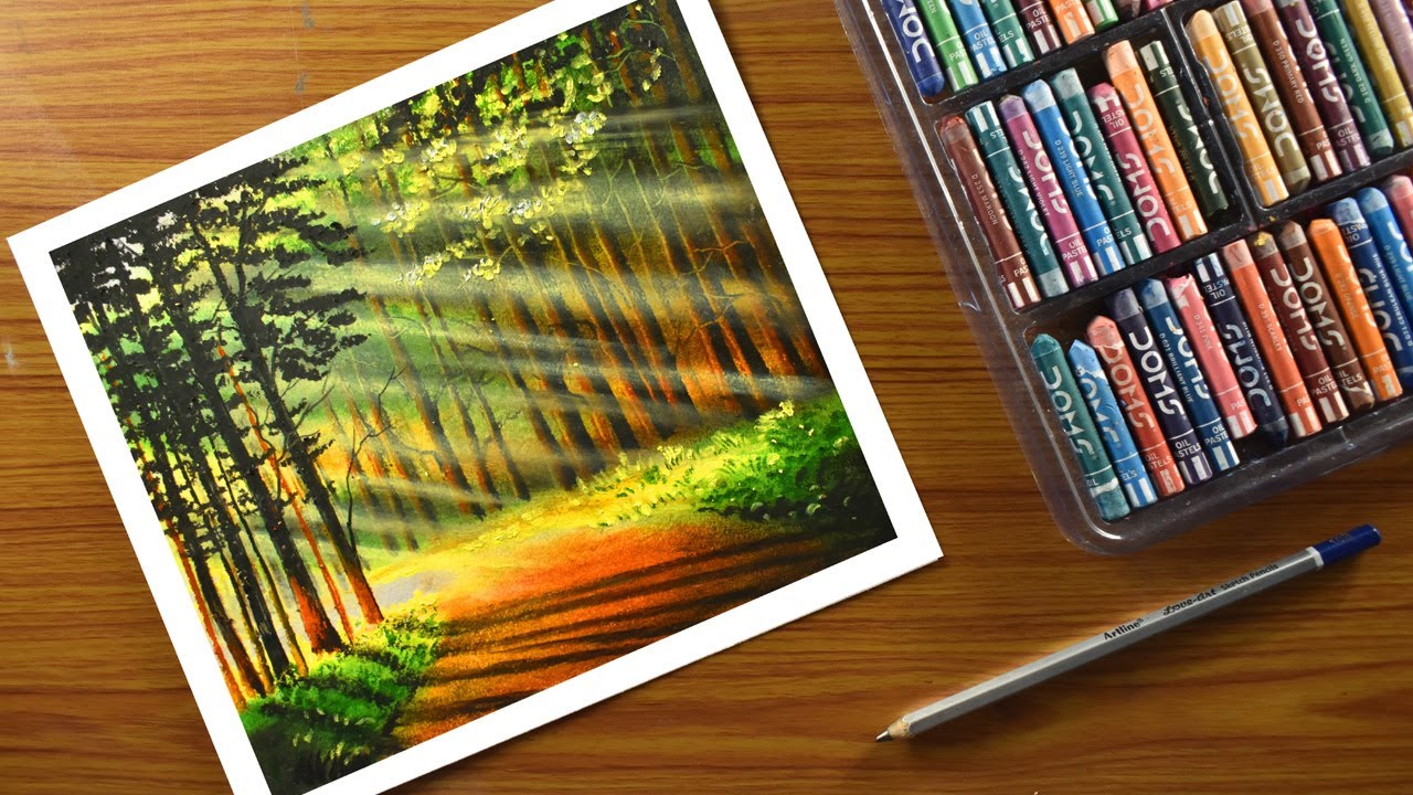 Easy forest lights drawing with oil pastel / How to draw easy forest Landscape -step by step