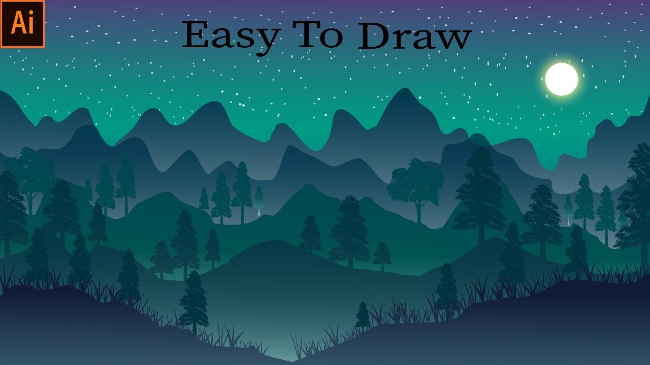How To Draw Night View Mountain landscape On Illustrator. Night View Mountain landscape Illustration