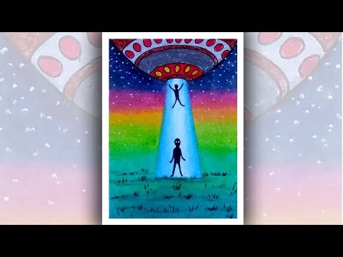 How to draw alien spaceship, Oil pastel drawing for beginners