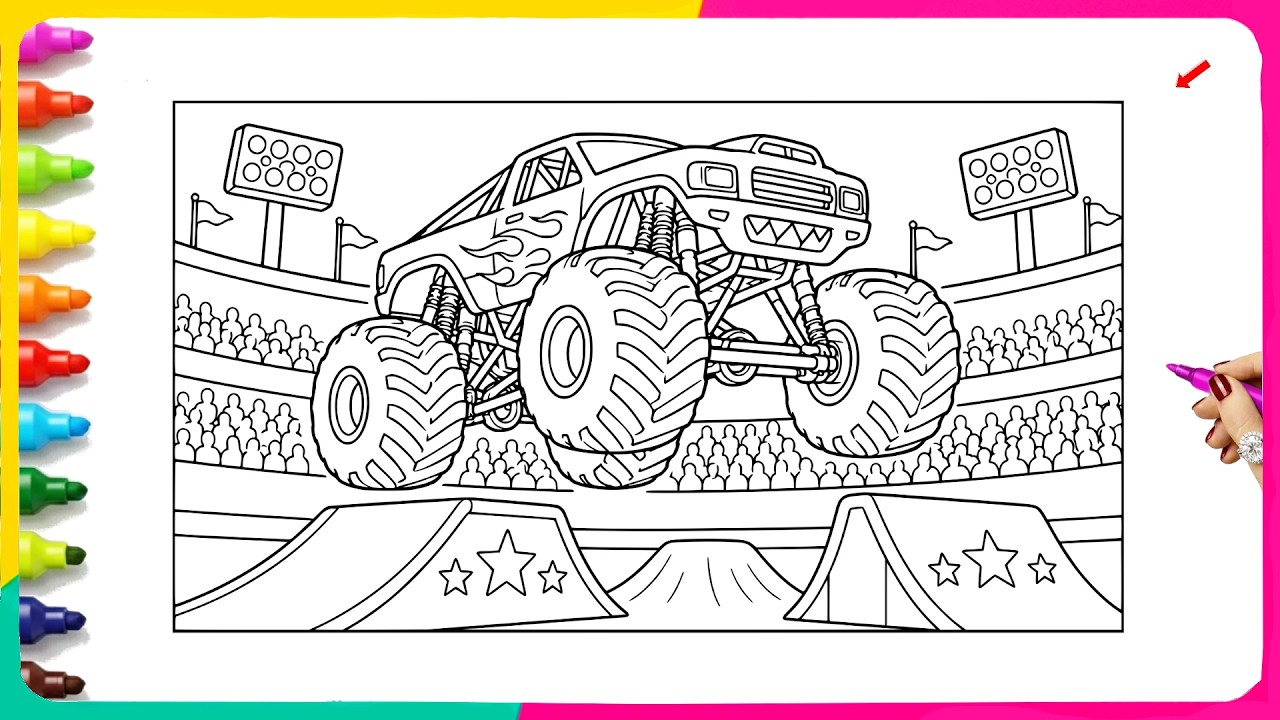 MONSTER truck WINNING moment coloring pages - Satisfying Monster Truck Coloring Page 🖌️