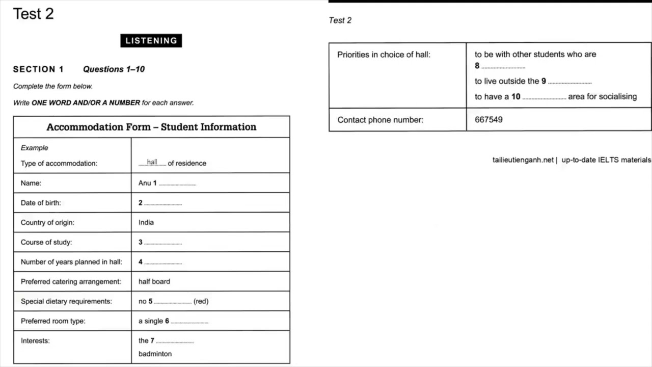 Accommodation Form-Student Information | IELTS LISTENING TEST | SECTION-1