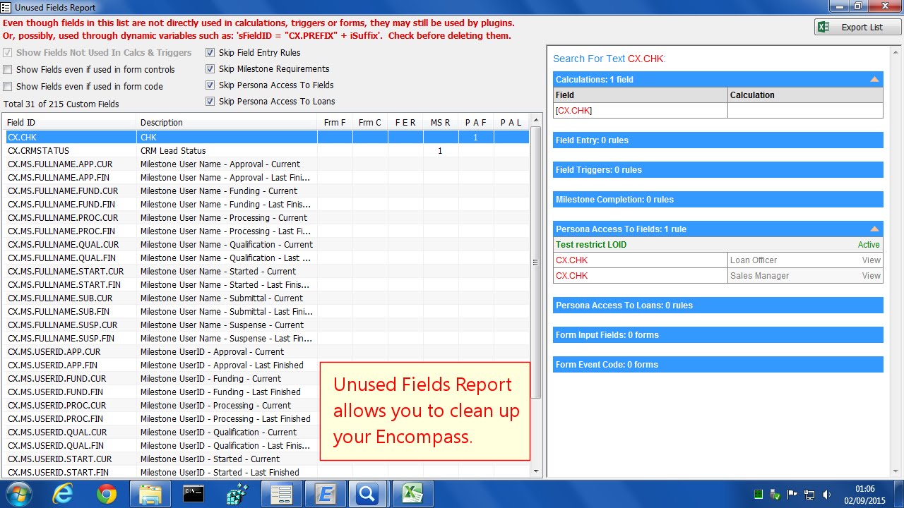 EncompDEV Biz Rule Analyzer for Encompass360 - Demo - Unused Fields Report