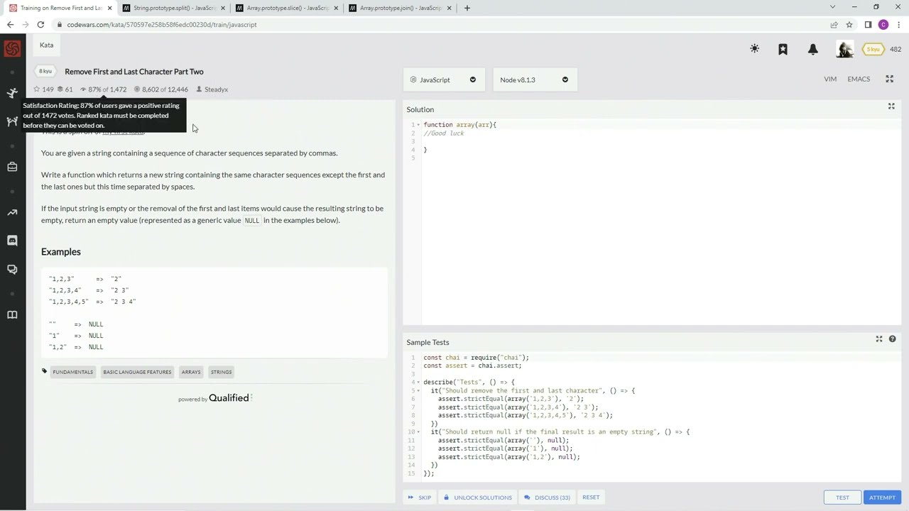 Codewars 8 kyu Remove First and Last Character Part Two JavaScript