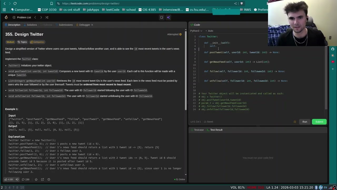 LeetCode 355 - Design Twitter Live Walkthrough - Python | Failed