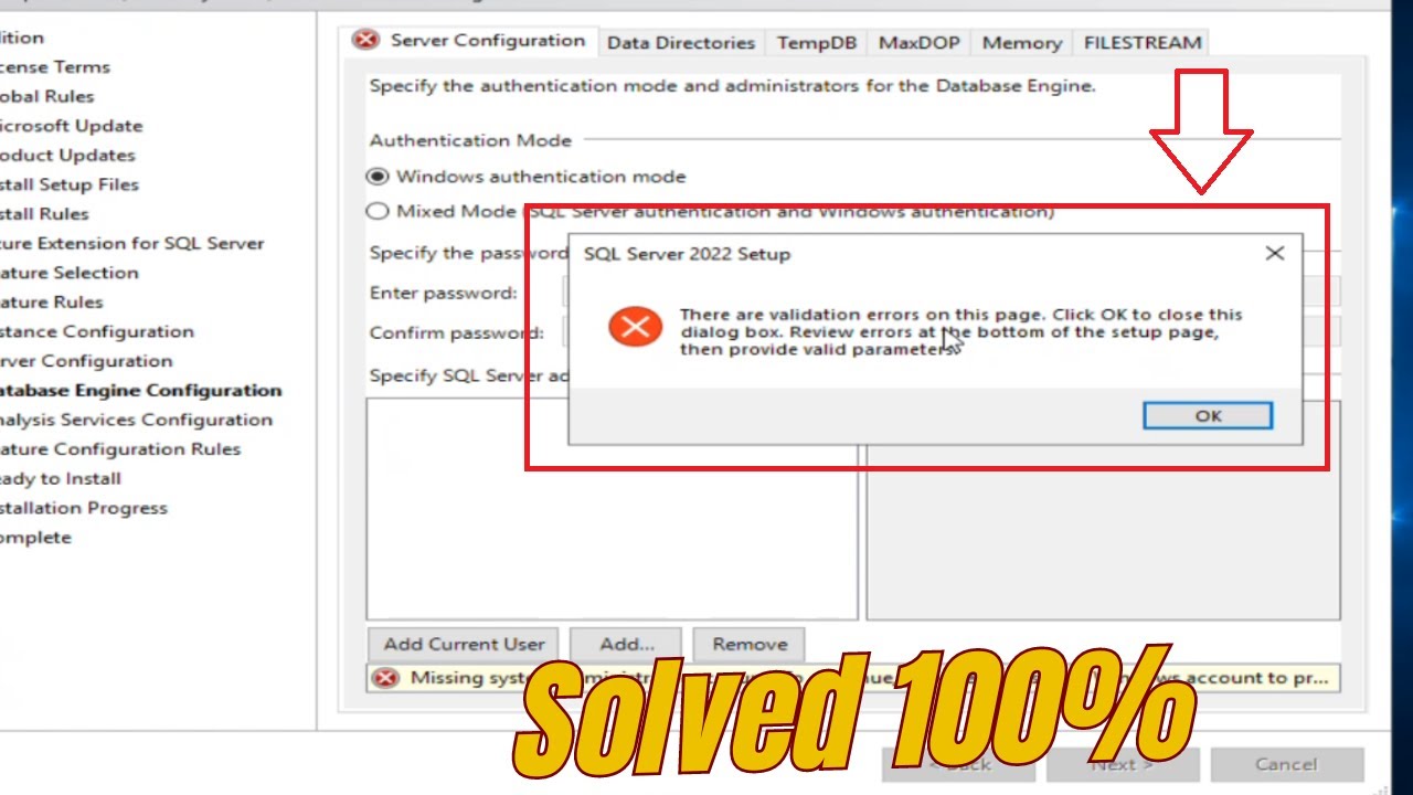 How to fix there are validation error during SQL installation