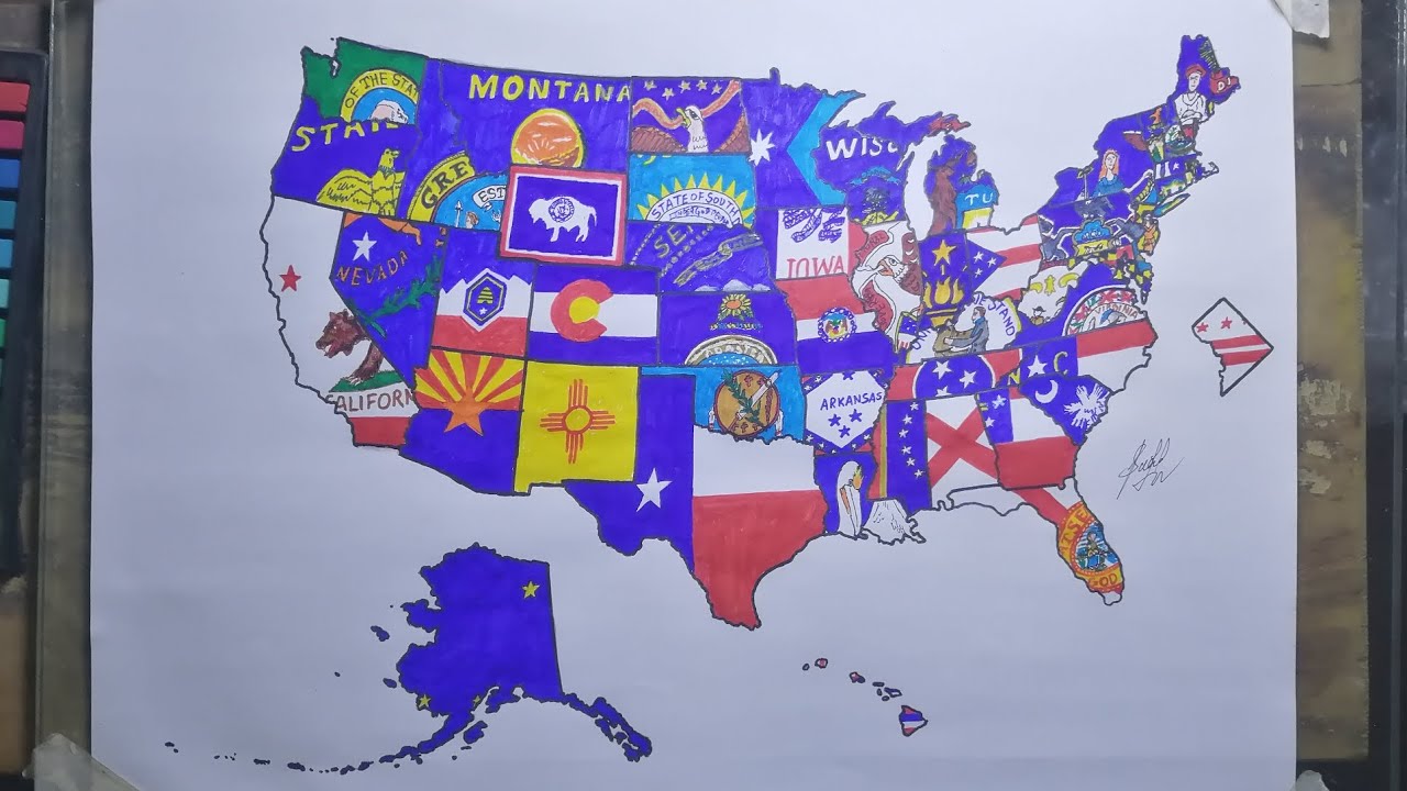 Drawing flag map of US States | American States flag map drawing | United States flag map | USA map