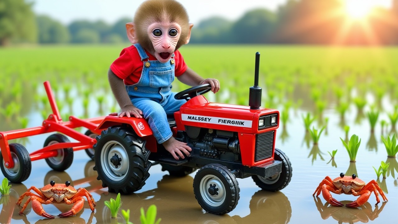 Monkey Nana Driving a Tractor:The Journey of Facing the Storm and Saving the Road - NANA MONKEY LIFE
