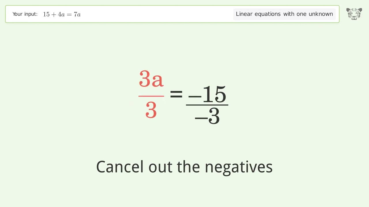 Linear equation with one unknown: Solve 15+4a=7a step-by-step solution