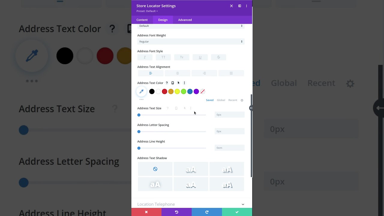 Location Address (Design Tab) - Divi Store Locator Module Settings