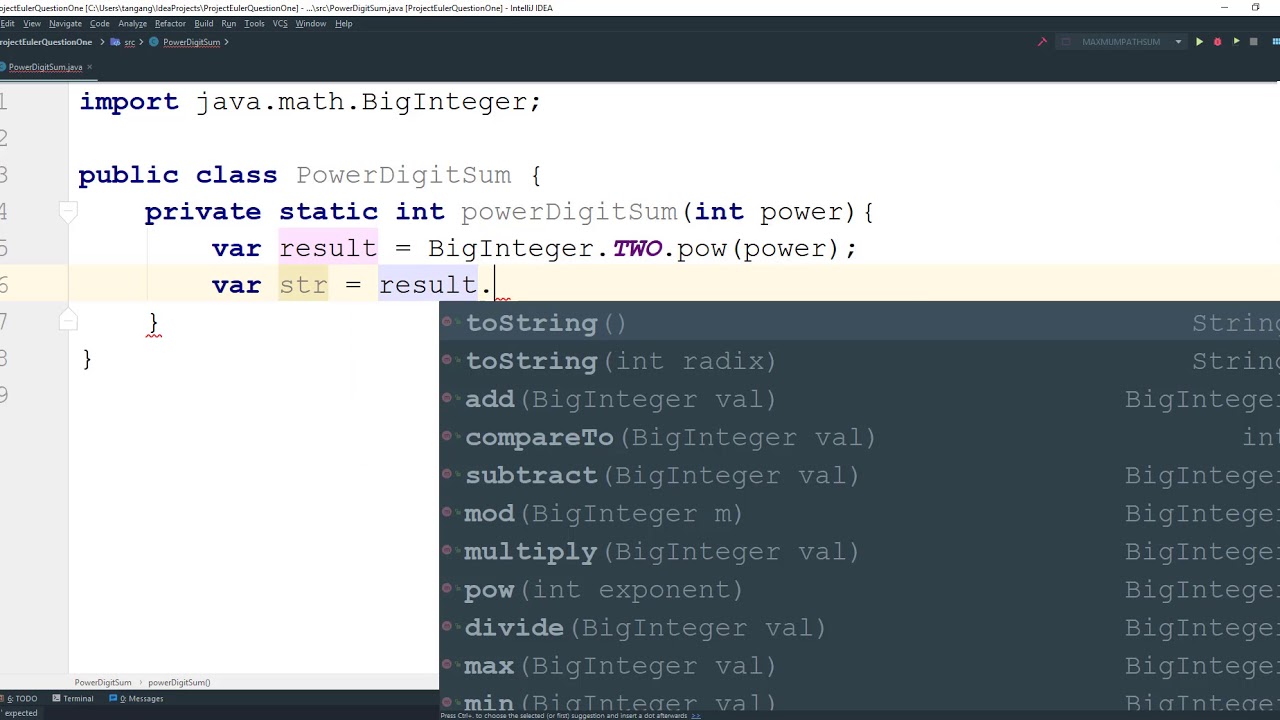 Project Euler problem 16 : Power digit sum