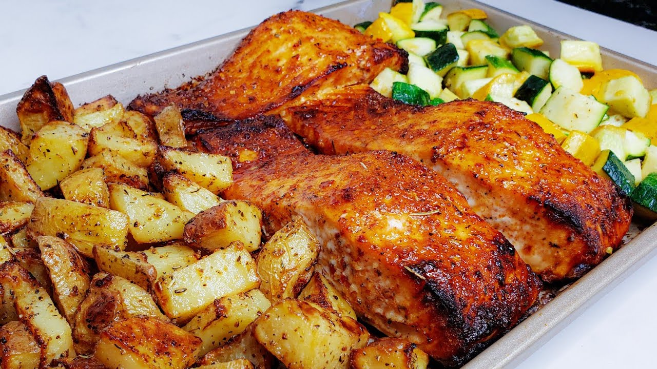 This One Pan Crispy Potatoes and Salmon with Veggies is so good once you try it. One Pan Recipe