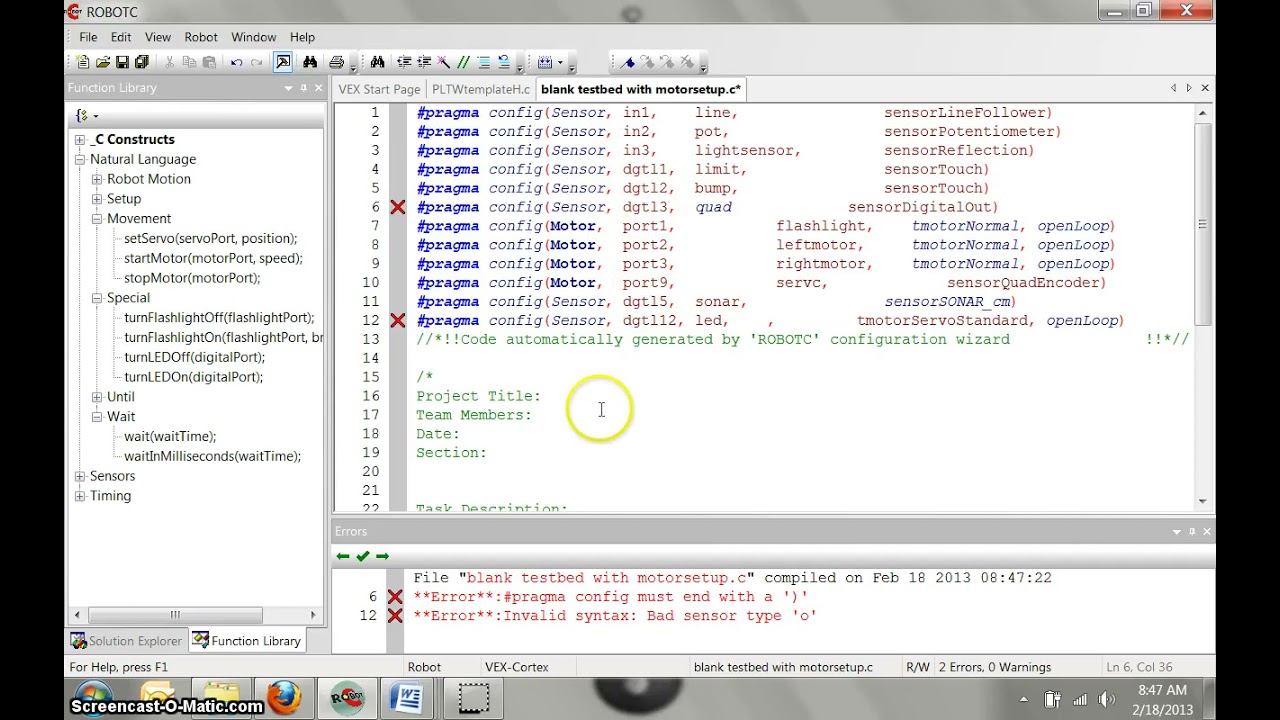 RobotC Programming Outputs and Inputs