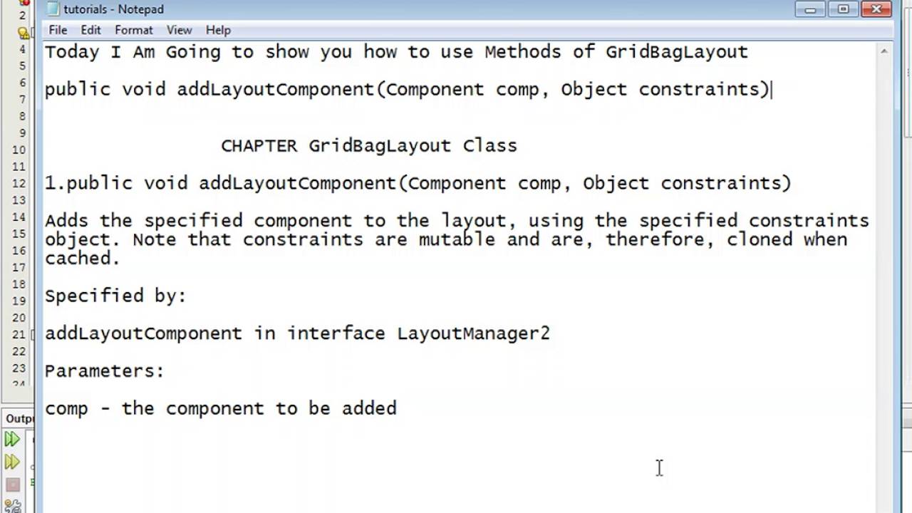 Java Programming Tutorial -GridBagLayout-15- public void addLayoutComponent(Component comp, Object c
