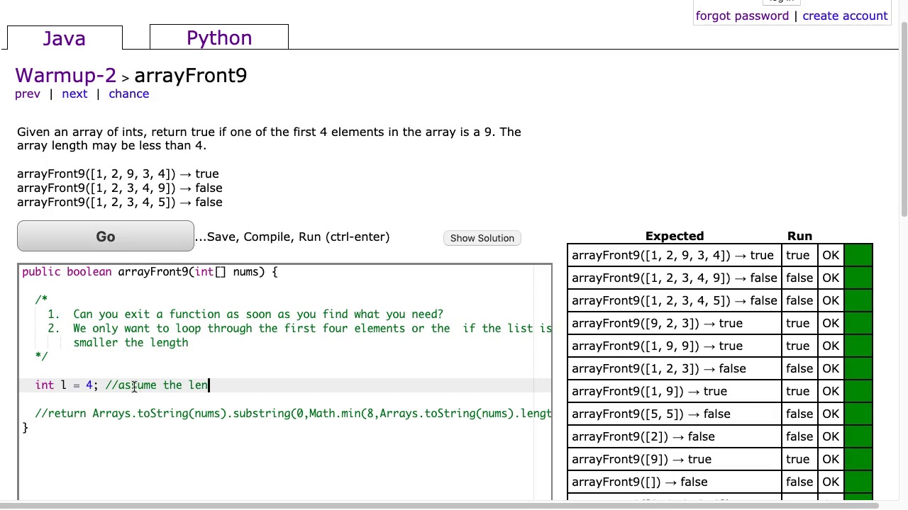 Codingbat - arrayFront9 (Java)