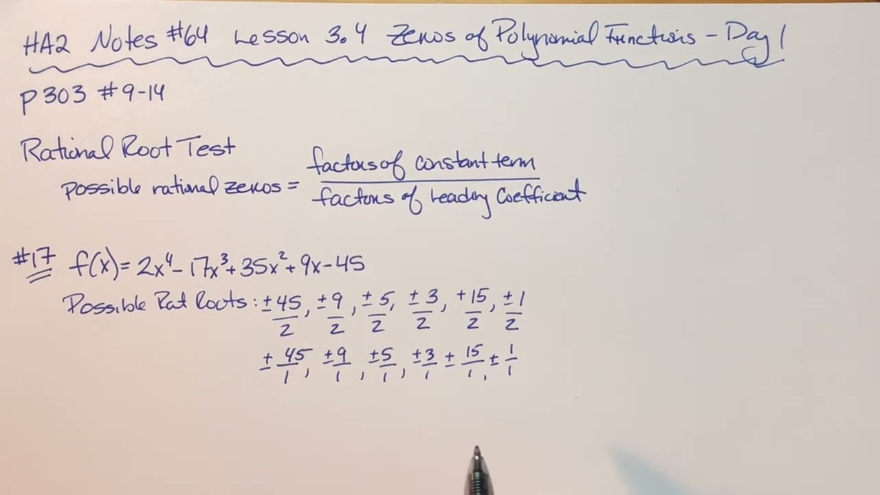 Notes #64 Lesson 3.4 Zeros of Polynomial Functions 