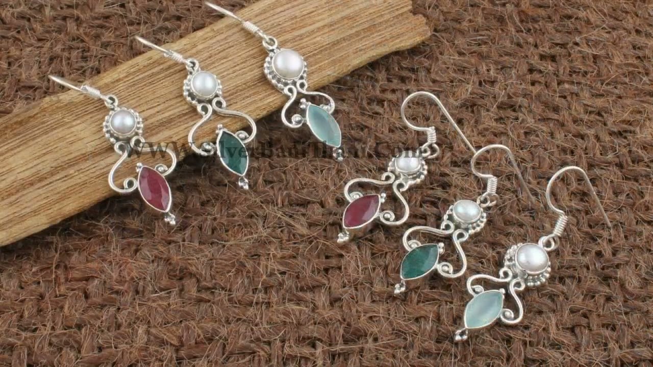 Multi Gemstone Silver Earrings | 925 Sterling Silver Designer Two Gemstone Earrings | Personalize...