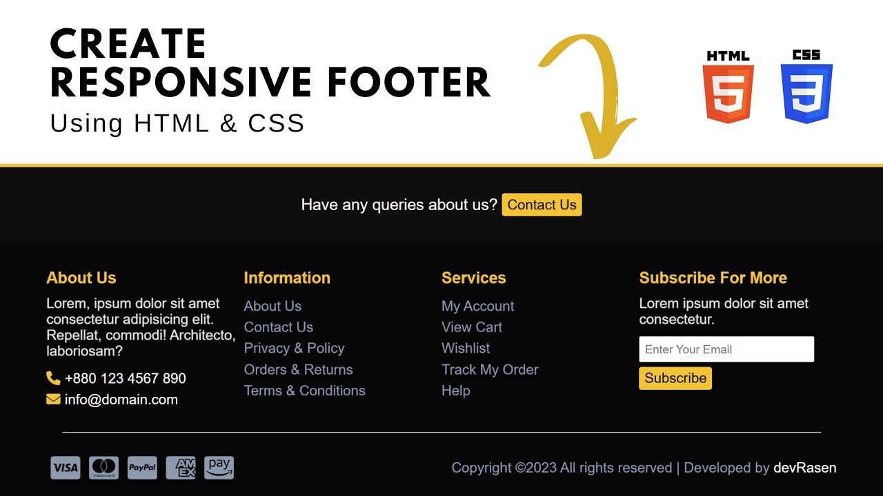 Complete Responsive Footer Section Using HTML & CSS | devRasen | Create Responsive Footer Section