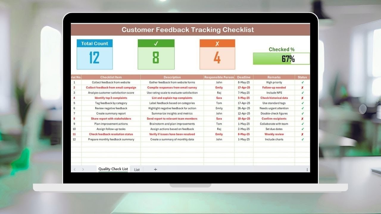 Customer Feedback Tracking Checklist in Excel
