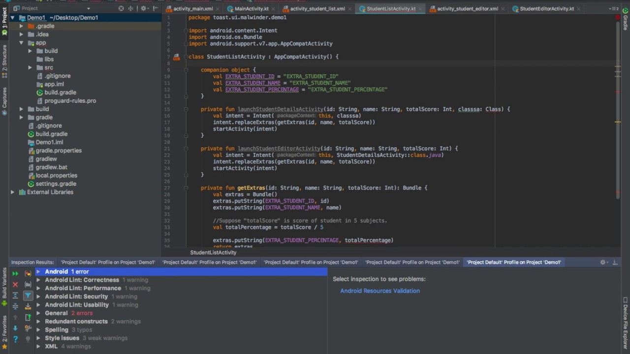 Using the Lint tool option in Android Studio