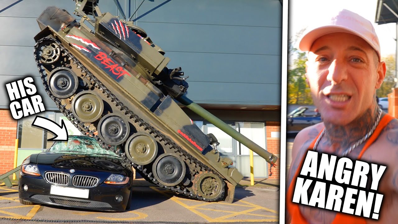 Tank Climbs on Top of a Small 15-Year-Old Roadster; the Car Shakes It ...