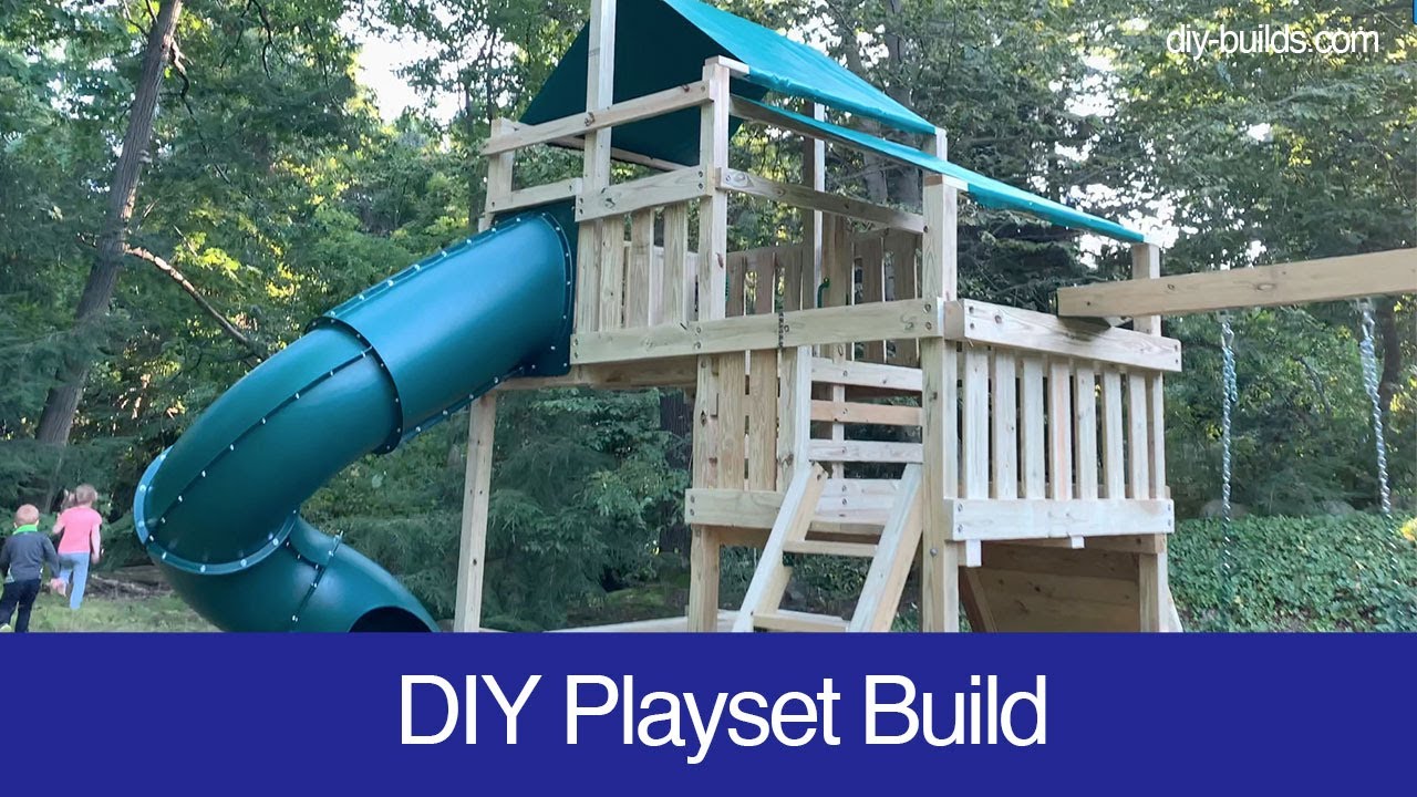 DIY Outdoor Playset with Two Levels, Tarp Roof, Twisty Slide, Rock Wall, and Swings