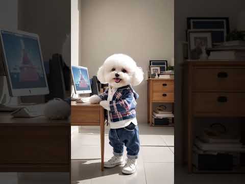 The handsome little Bichon Frise has a new friend. No wonder he is so happy. Cute pet debut plan
