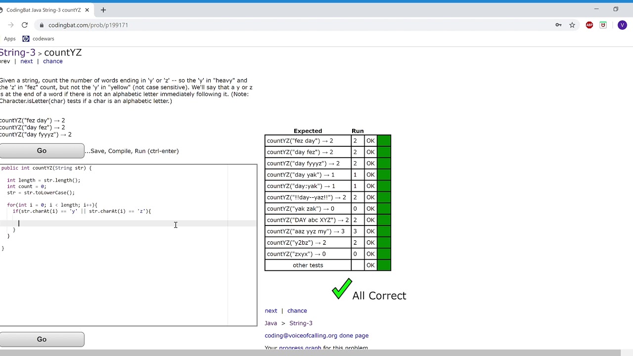 String-3 (countYZ) Java Tutorial || codingbat.com