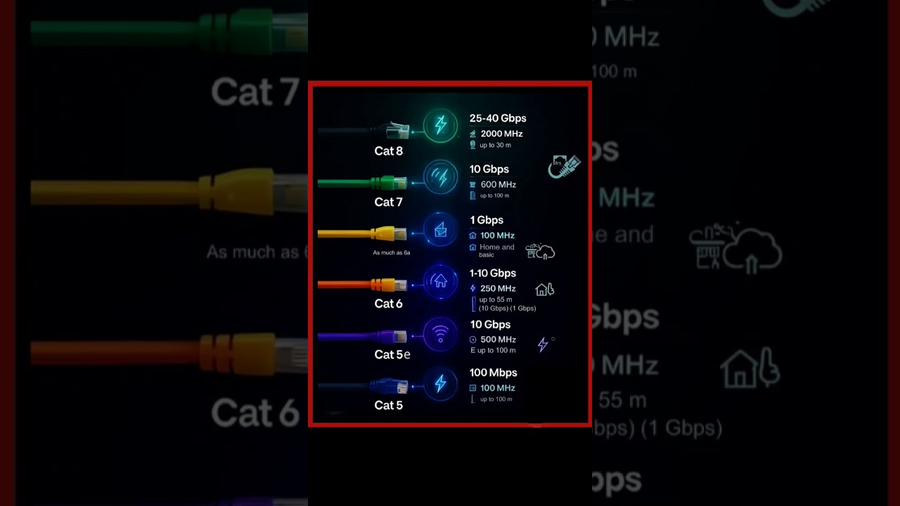 ⚡ Ethernet Cable Types Explained | Cat5, Cat5e, Cat6, Cat7, Cat8 | Network Speeds & Usage