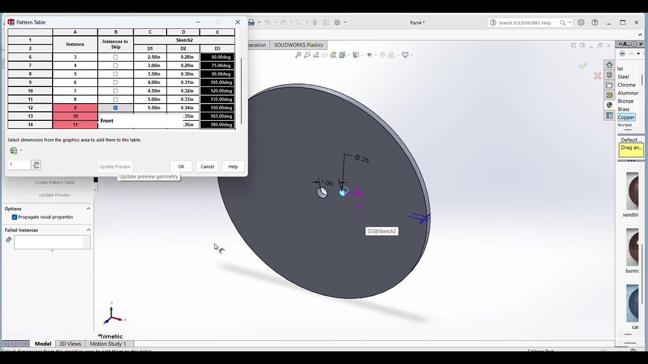 How to create variable pattern table tutorial in Solidworks
