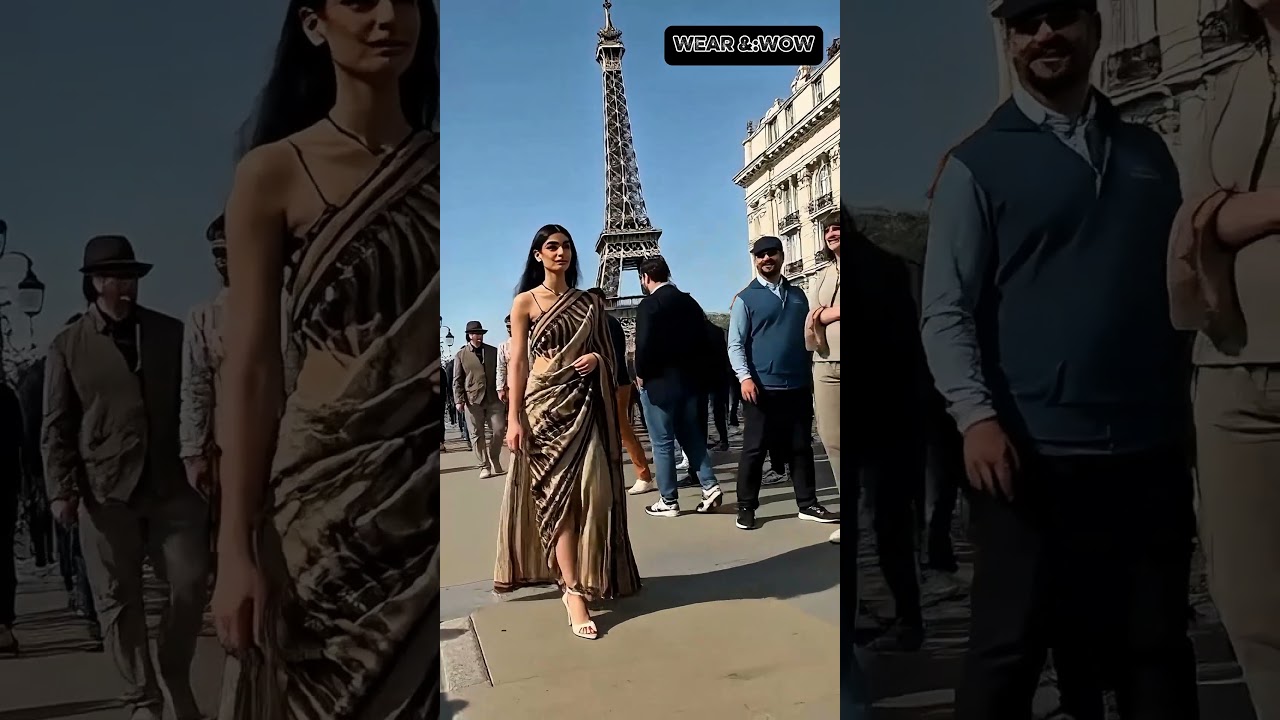 Model Wears Blanket as a Sari Near Eiffel Tower | Funny Paris Street Fashion