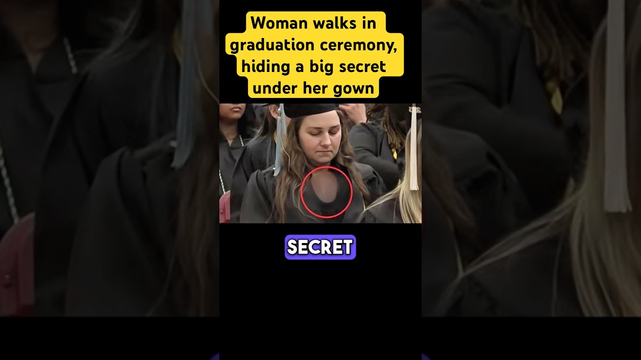 Woman walks in graduation ceremony, hiding a big secret under her gown