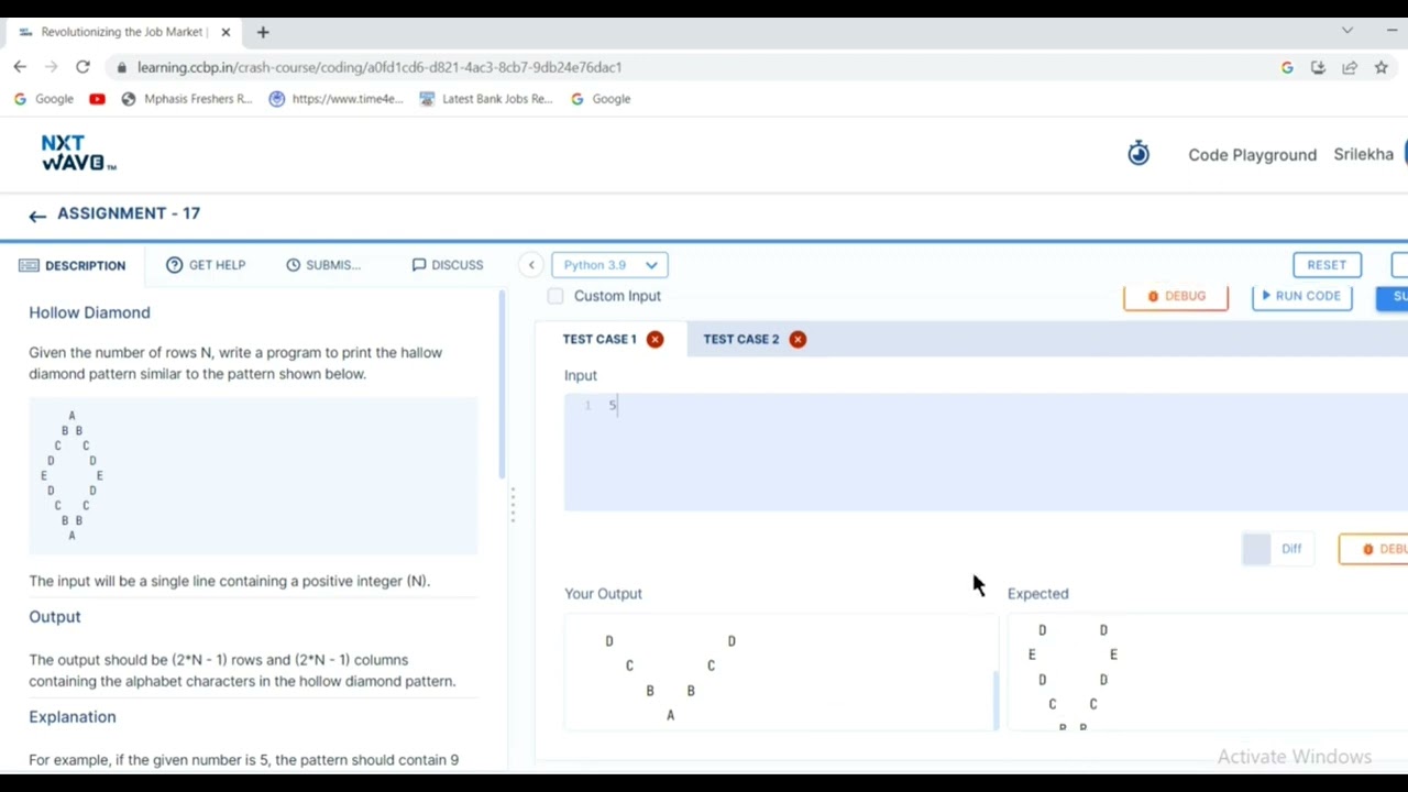 Assignment 17 #Hallow diamond #Python #nxt wave