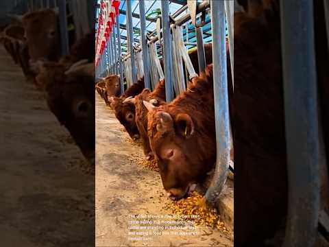 Modern cattle farming: feeding time for beef cattle in a barn