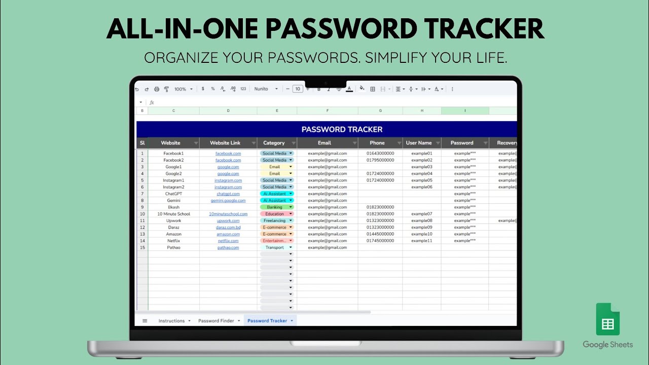 Password Tracker Spreadsheet Setup Tutorial English | Google Sheets Template