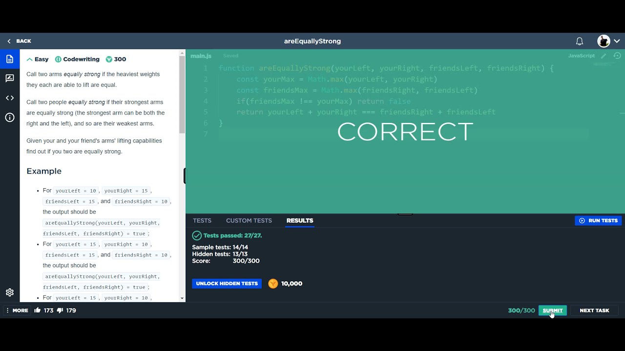 Are Equally Strong - Javascript - CodeSignal