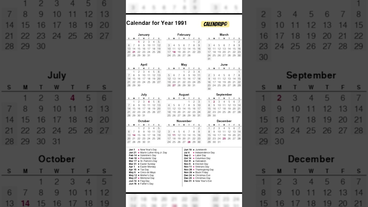Calendar 1991 #monthsoftheyear
