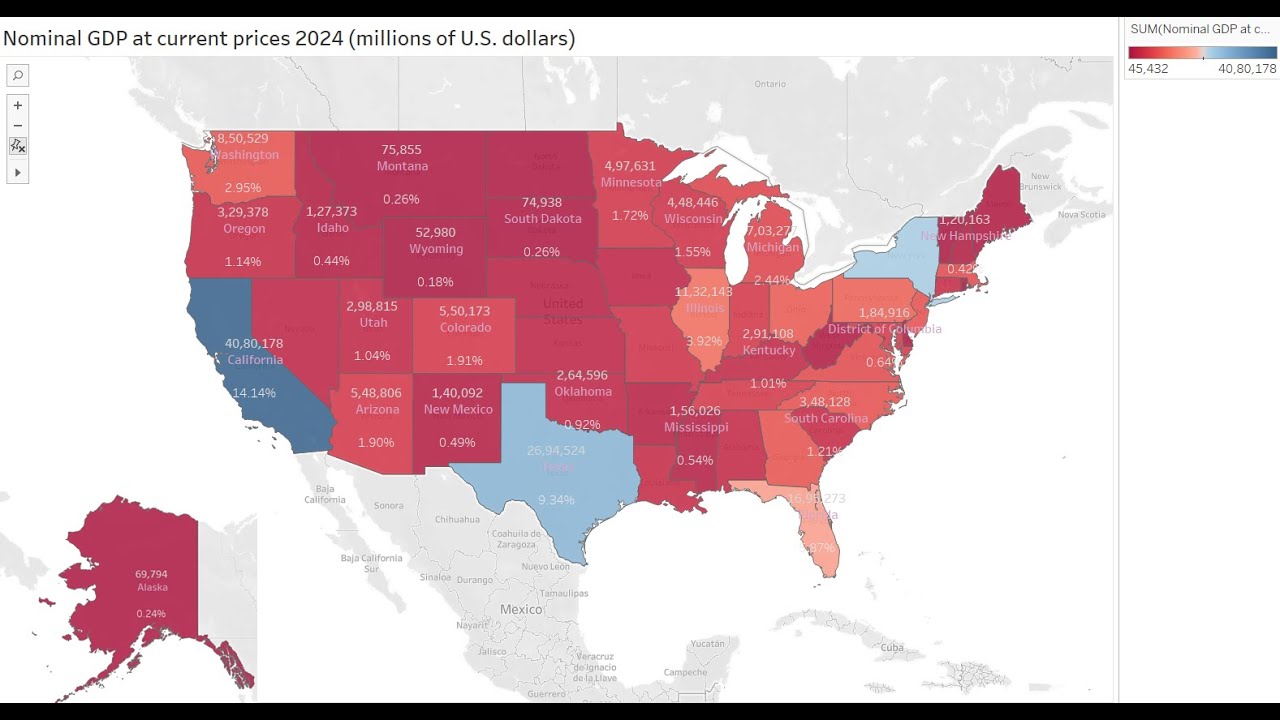 List of USA States by GDP using Tableau - Nominal GDP at current prices 2024