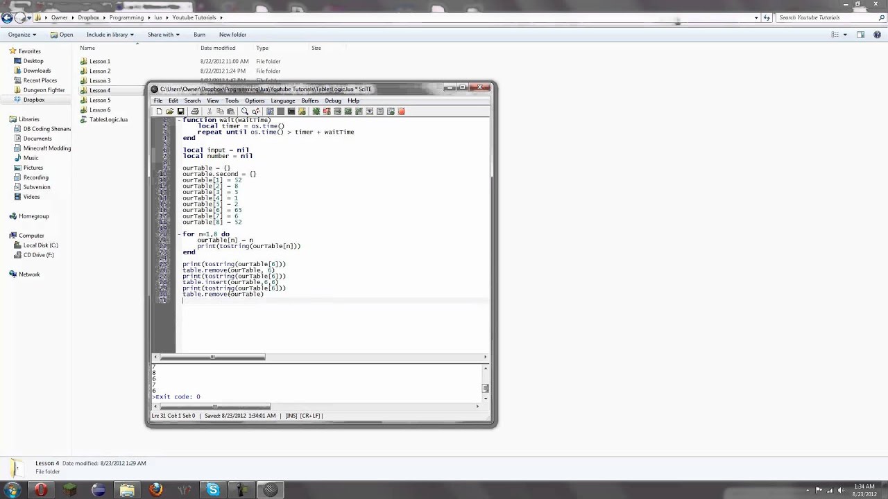 Lua Beginner Tutorials Lesson 7 - Basic Table Manipulation