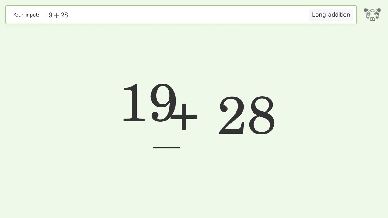 Long addition: Solve 19+28 step-by-step solution