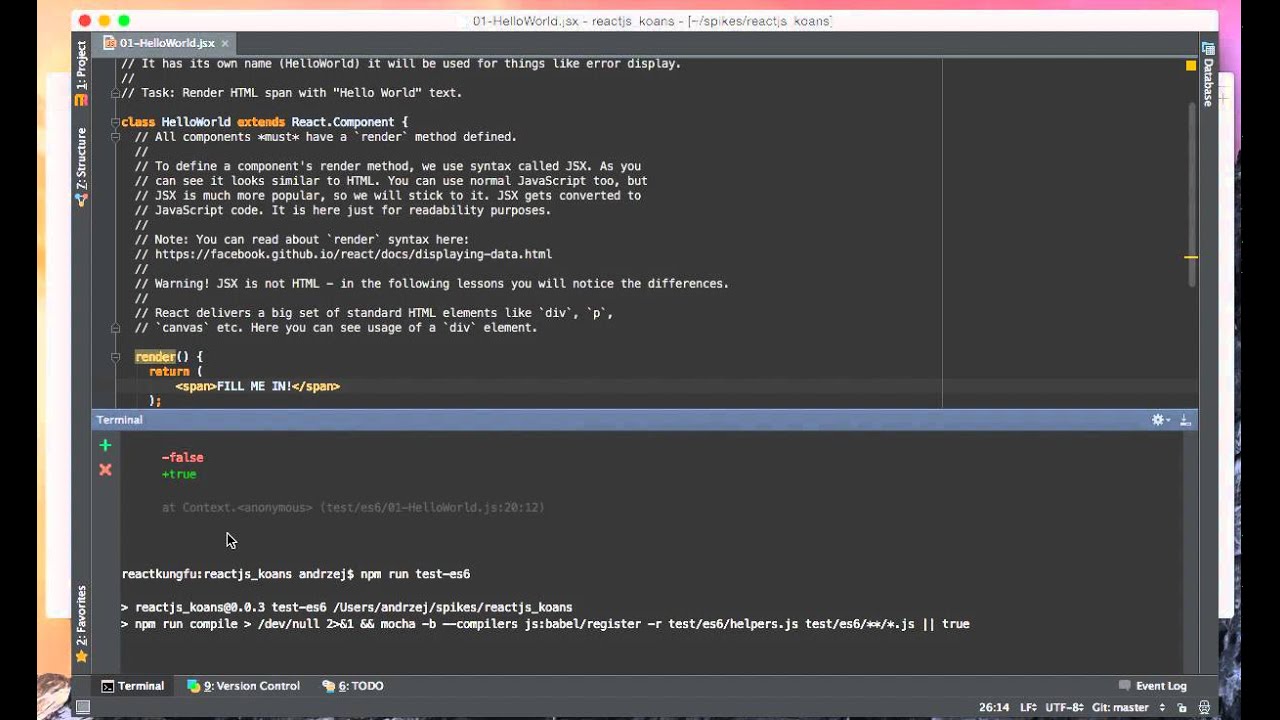 React.js koans - solving the 1st exercise, the basics of React components