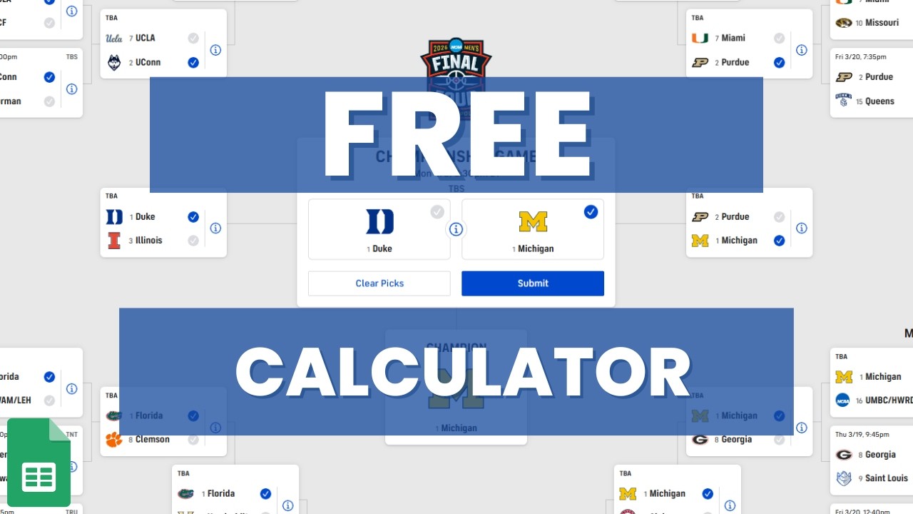 Free | 2026 March Madness Bracket Combinations Calculator + National Champions Selections