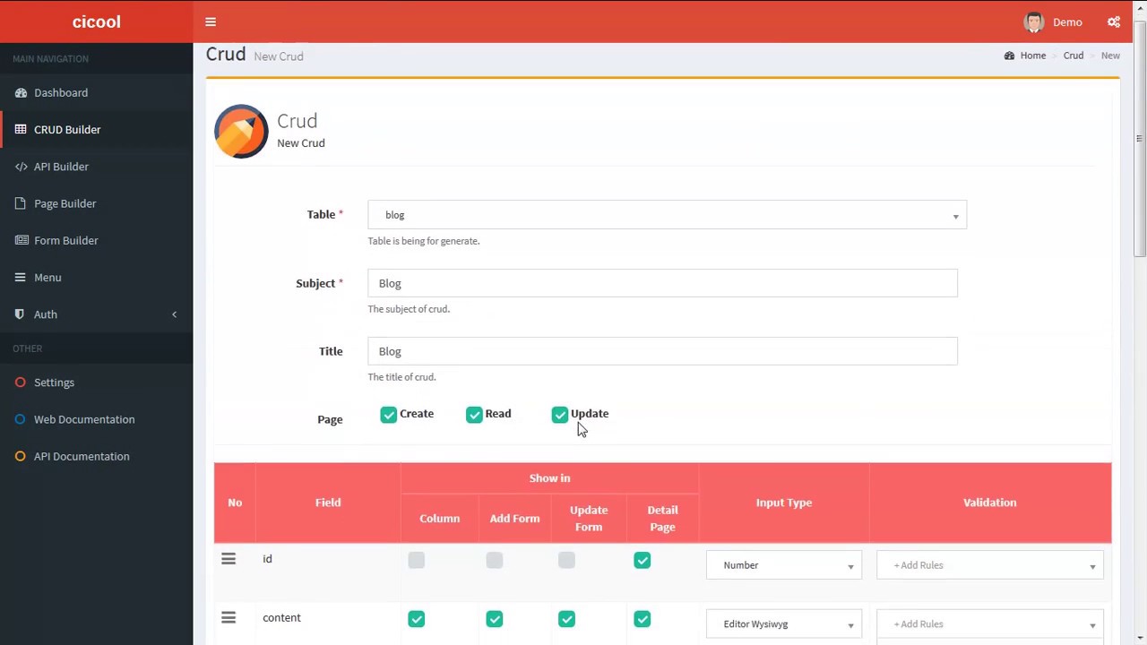 Cicool - how to make crud with crud builder