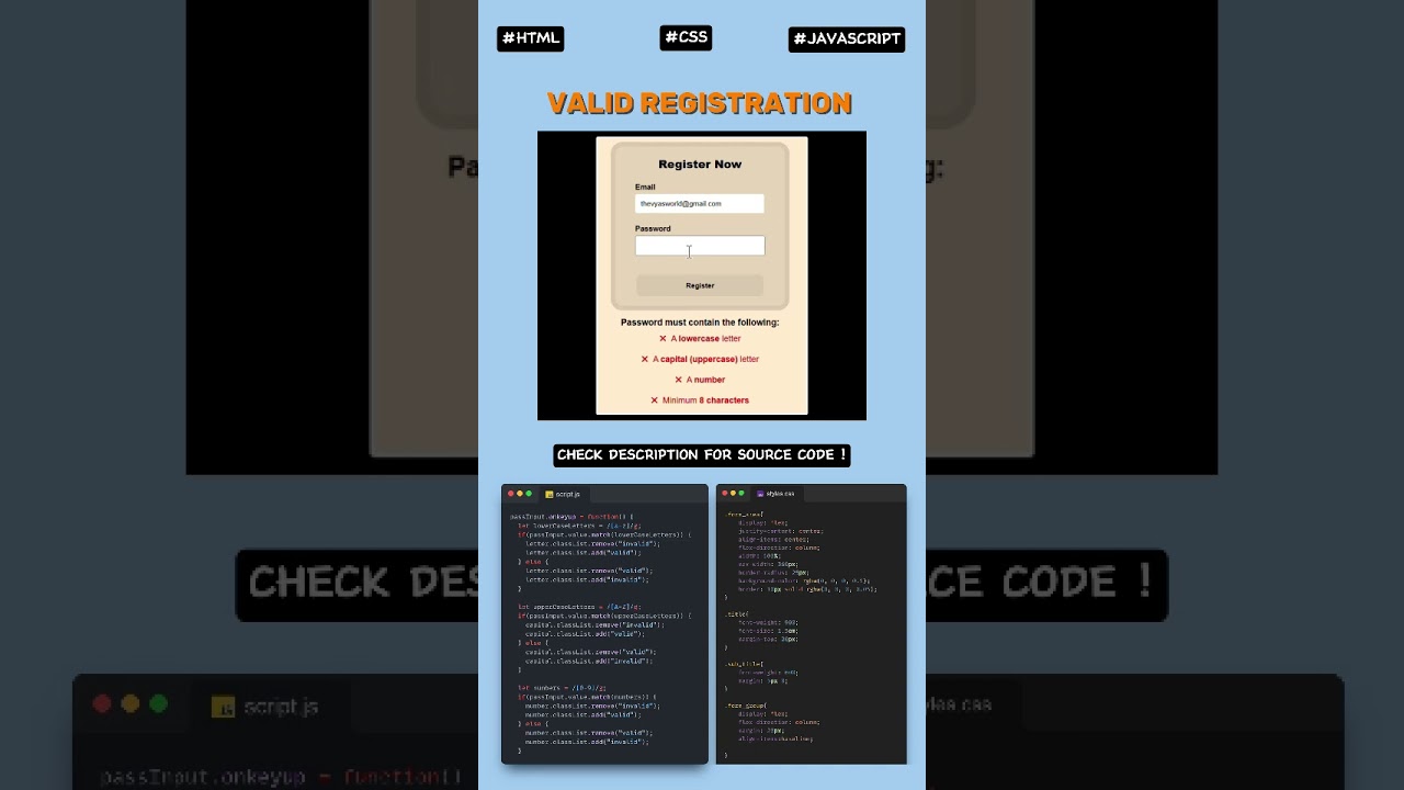 PASSWORD VALIDATION using html css Javascript #coding #programming