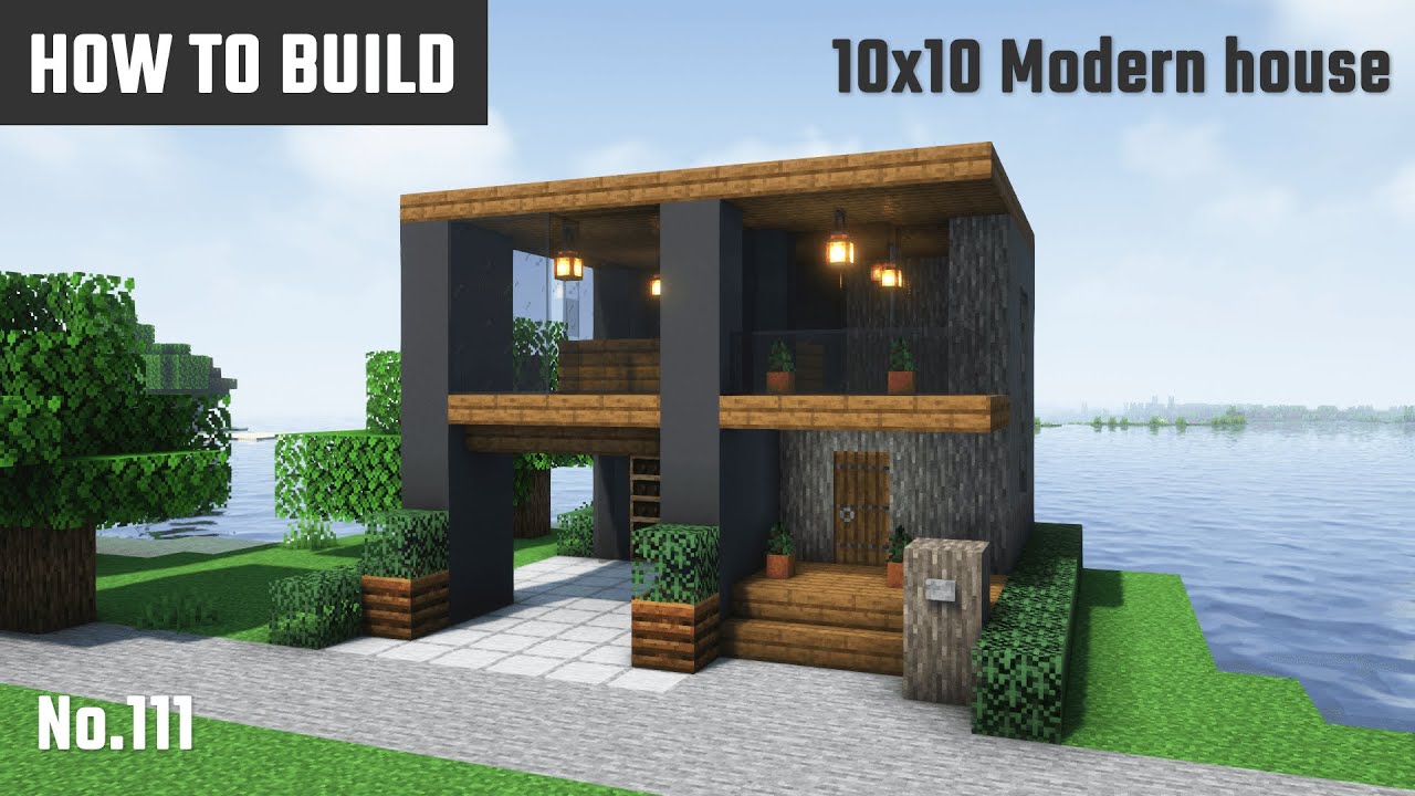 マイクラ建築：おしゃれでモダンな開放的なガレージ付きの家の作り方。10x10ブロックで簡単に。No.111【Minecraft ...