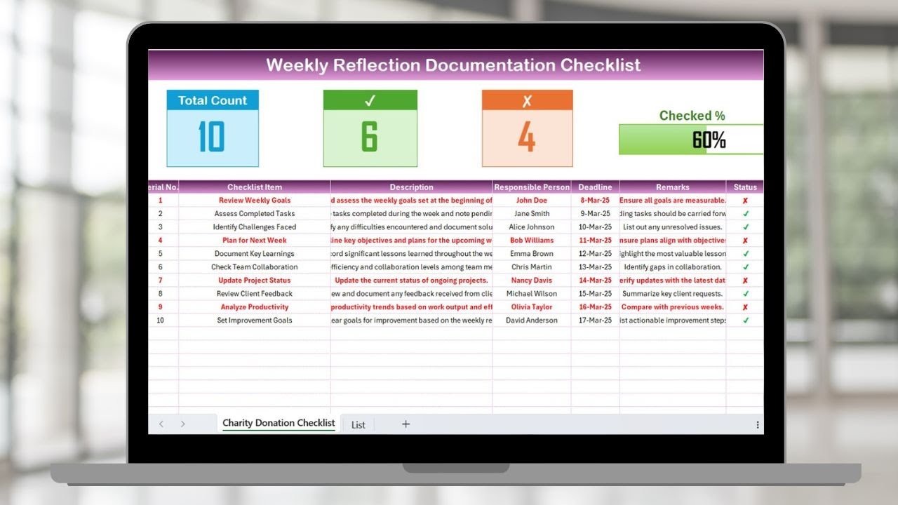 Weekly Reflection Documentation Checklist in Excel