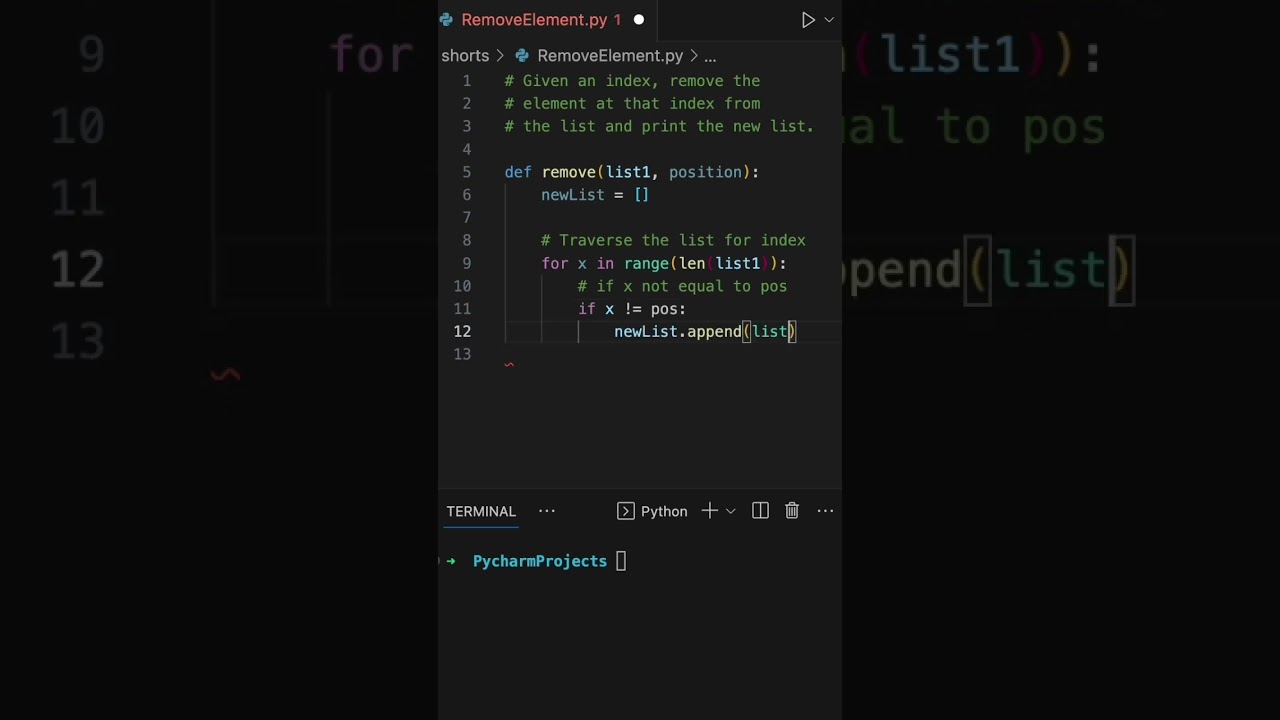 Remove element from list for given index