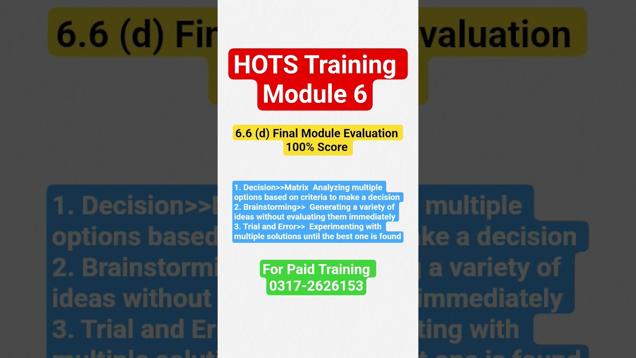 HOTS Training Module 6 6.6 (d) Final Module Evaluation 100% Score