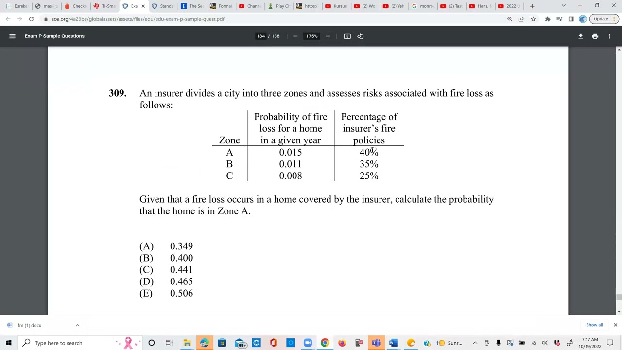 Actuarial SOA Exam P Sample Question 309 Solution